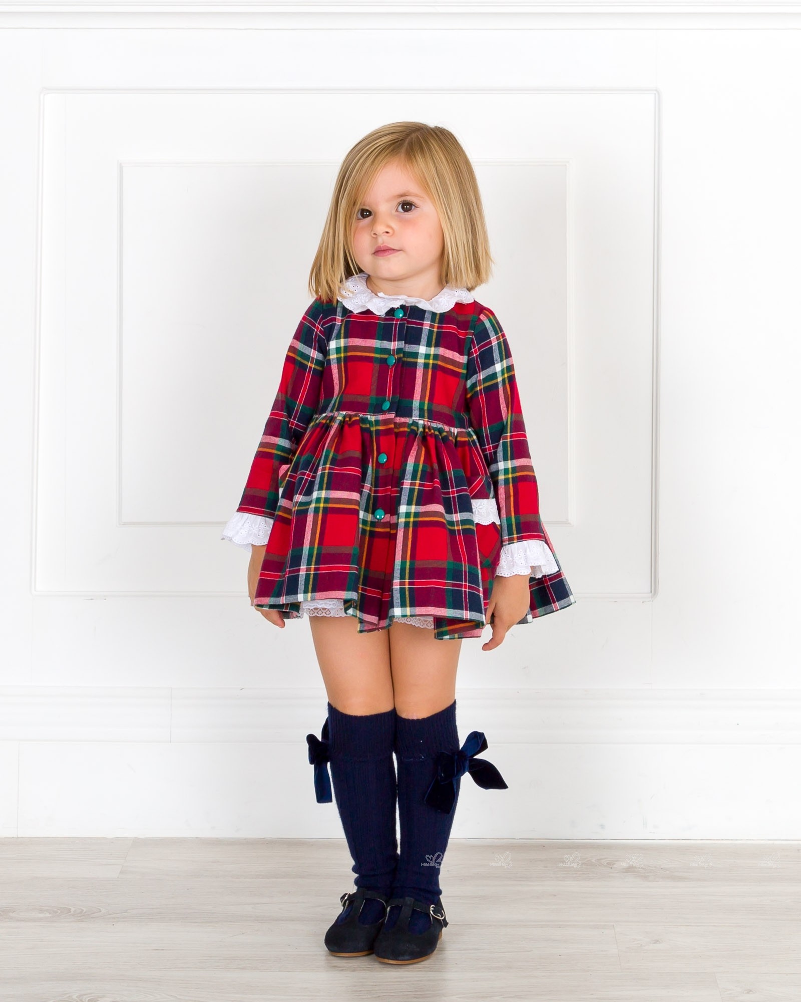 Lappepa Moda Infantil Vestido Niña Tartán Rojo & Cuello Puntilla Blanco ...